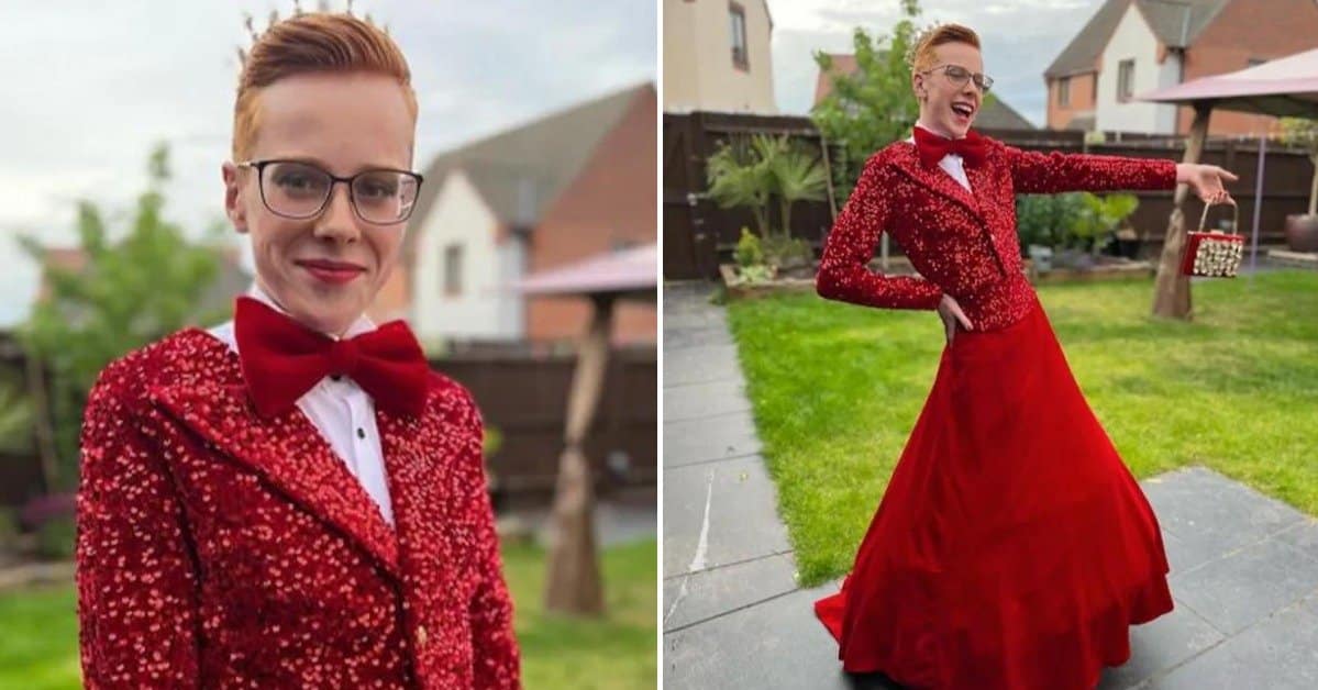 Teenage Boy Wearing Gorgeous Red Prom Dress Cheered On By Classmates